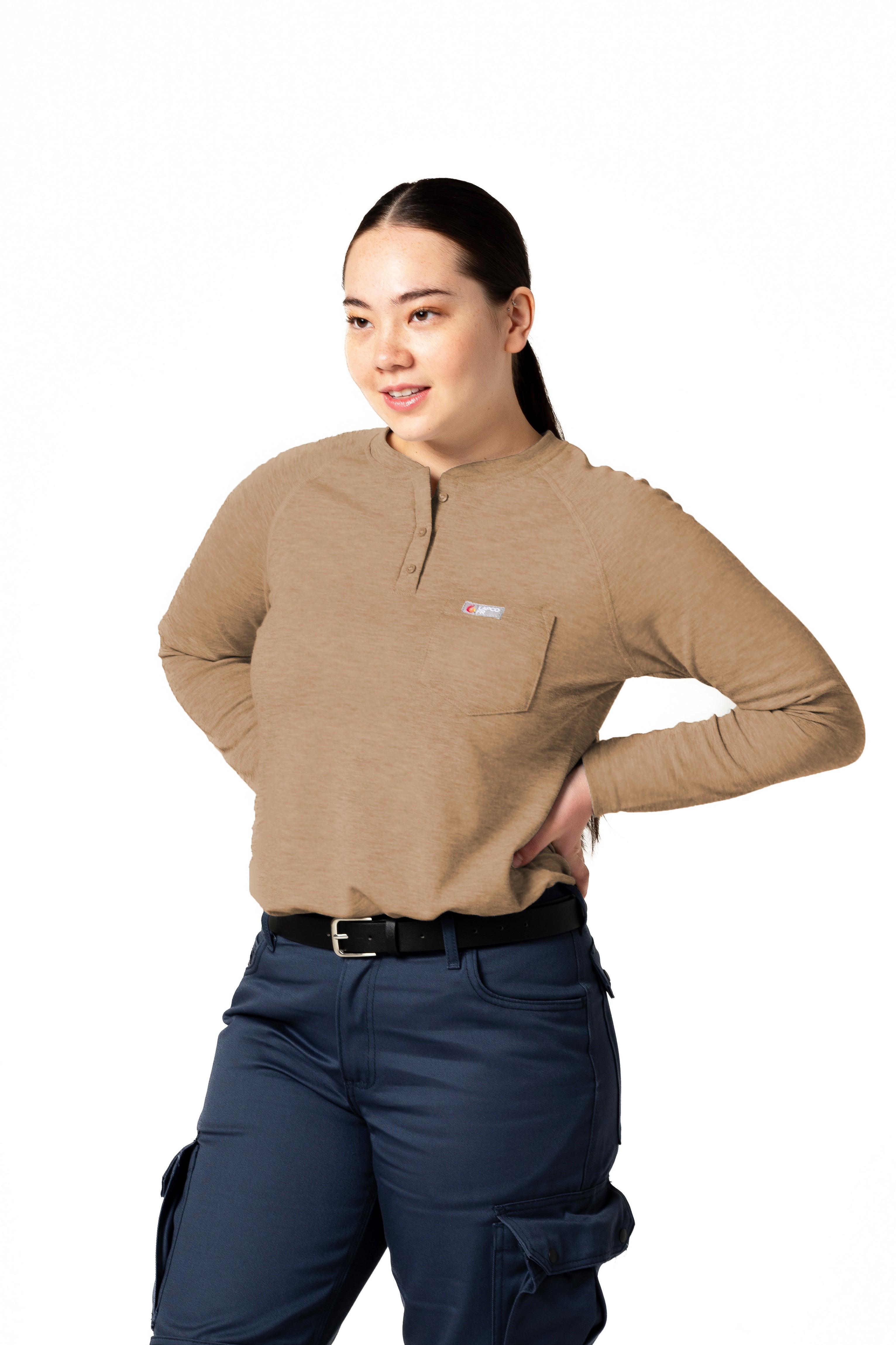 Women's FR Raglan Henley – 6oz. Inherent Knit | Tan – LAPCO FR
